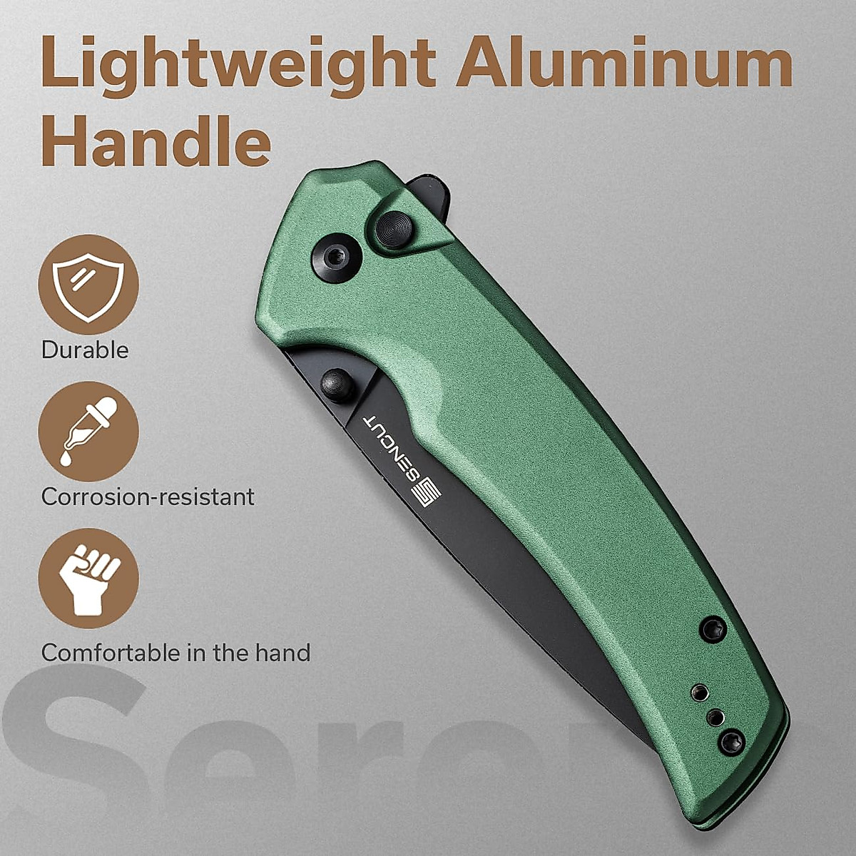 SENCUT Button Lock Pocket Knife for EDC, Serene Folding Knife, Thumb Stud & Flipper Opener, Aluminum Handle with 3.48" D2 Black Blade for Outdoor, Camping, Hunting S21022B-5 (Green)