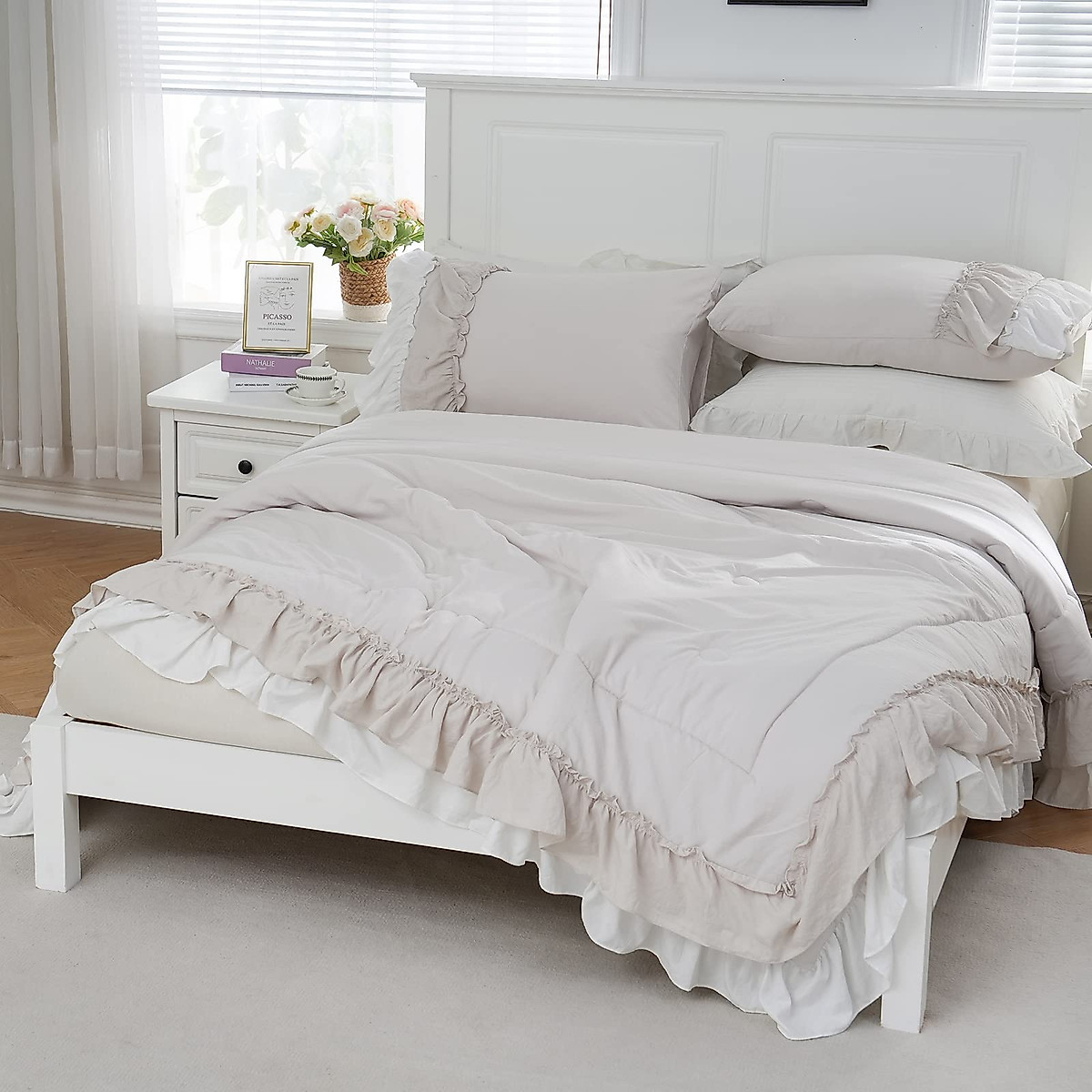 Boho Comforter Queen Shabby Chic Bedding Comforter Set 2 Layers Bohemian Ruffles Home Decor Farmhouse Comforter Cream Bed Comforter 1 Comforter 2 Pillowcases (Beige, Queen)…