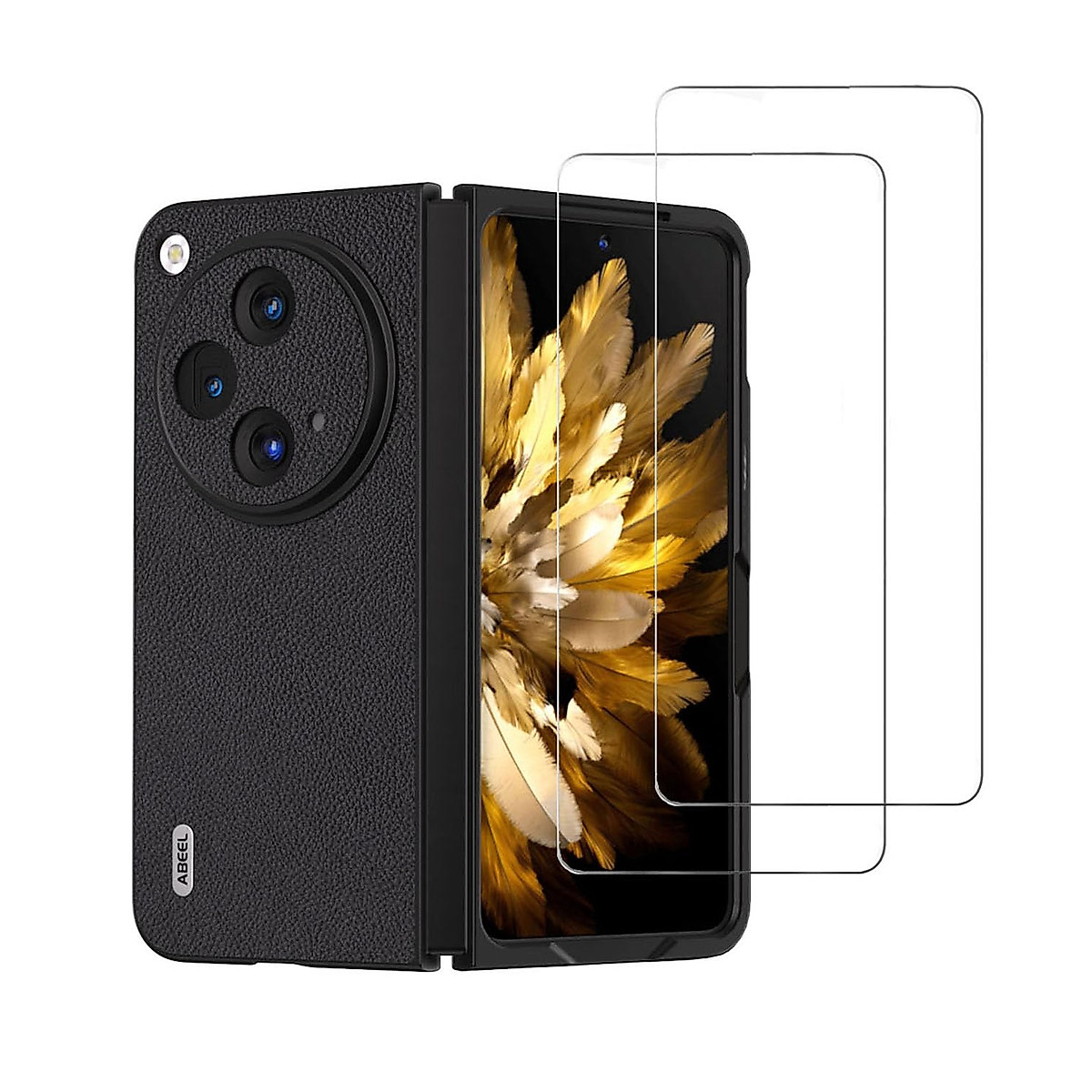 DAMONDY for OnePlus Open Case with 2 Pack Front Screen Protector,Back Cover Premium Genuine Leather Slim Thin Full Body Phone Cases for OnePlus Open -Black