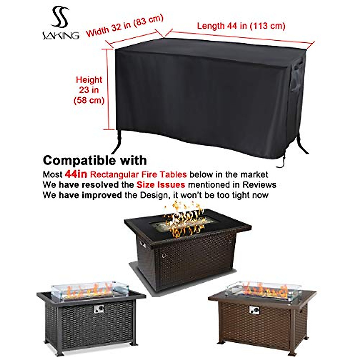 Saking Fire Table Cover Rectangular 44 x 32 x 23 inch - Waterproof Windproof Anti-UV Heavy Duty for Patio Furniture Gas Fire Pit