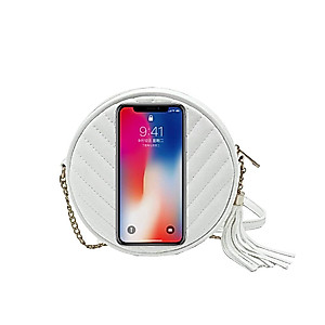 theops Small Crossbody Bags for Women Circle Quilted Purse Faxu Leather Shoulder Round bag, White, Medium