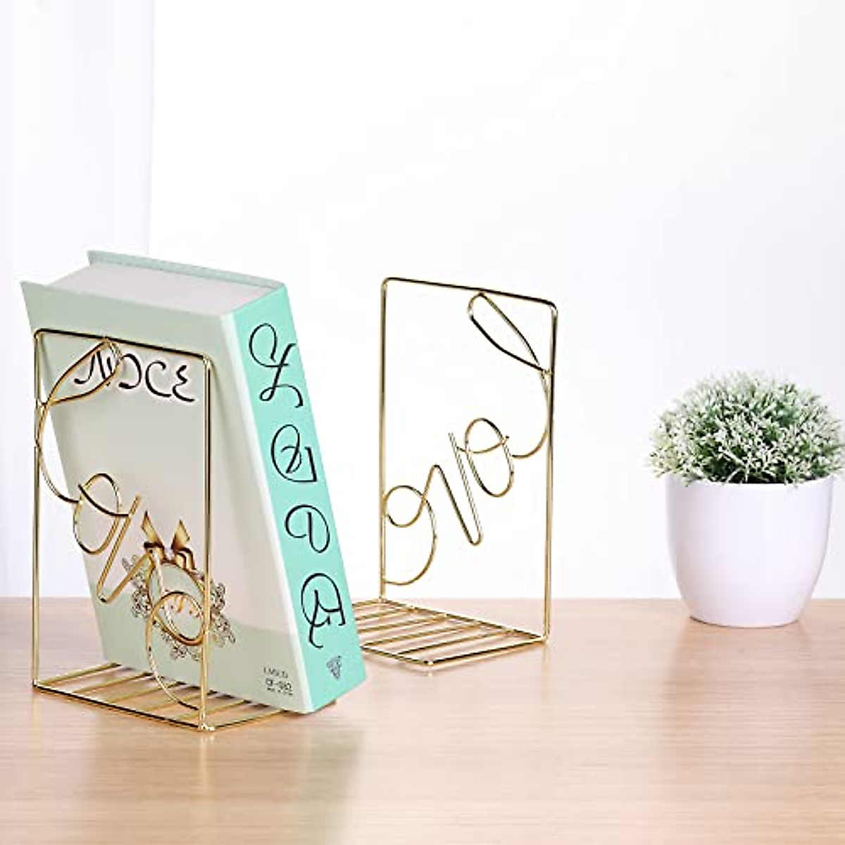 Bookends Gold , Decorative Metal Book Ends Supports for Shelves (1 Pair) (Gold)