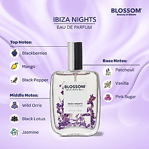 Blossom Unisex Eau De Parfum, Cruelty Free & Vegan Fragrance, Plant-based Perfume Spray with Real Flowers, Made in USA, 1.7oz, (Black Lotus, Jasmine, Vanilla, Mango, Spiced Blackberry), Ibiza Nights