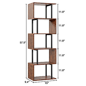 Furologee 6-Tier Bookshelf, Tall S-Shaped Geometric Bookcase, Industrial Freestanding Display Shelf Unit, Wood and Metal Decorative Room Divider for Living Room Bedroom, Home Office, Rustic Brown