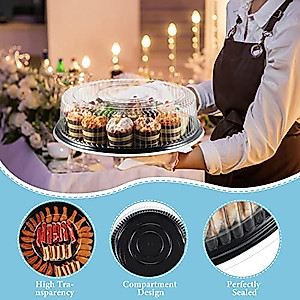 12 Pieces Serving Trays with Lid 18 Inch Plastic Party Platters with Lids Heavy Duty Black Round Food Tray Large Stackable Plastic Catering Trays for Serving Appetizers Veggie Takeout Food Picnic