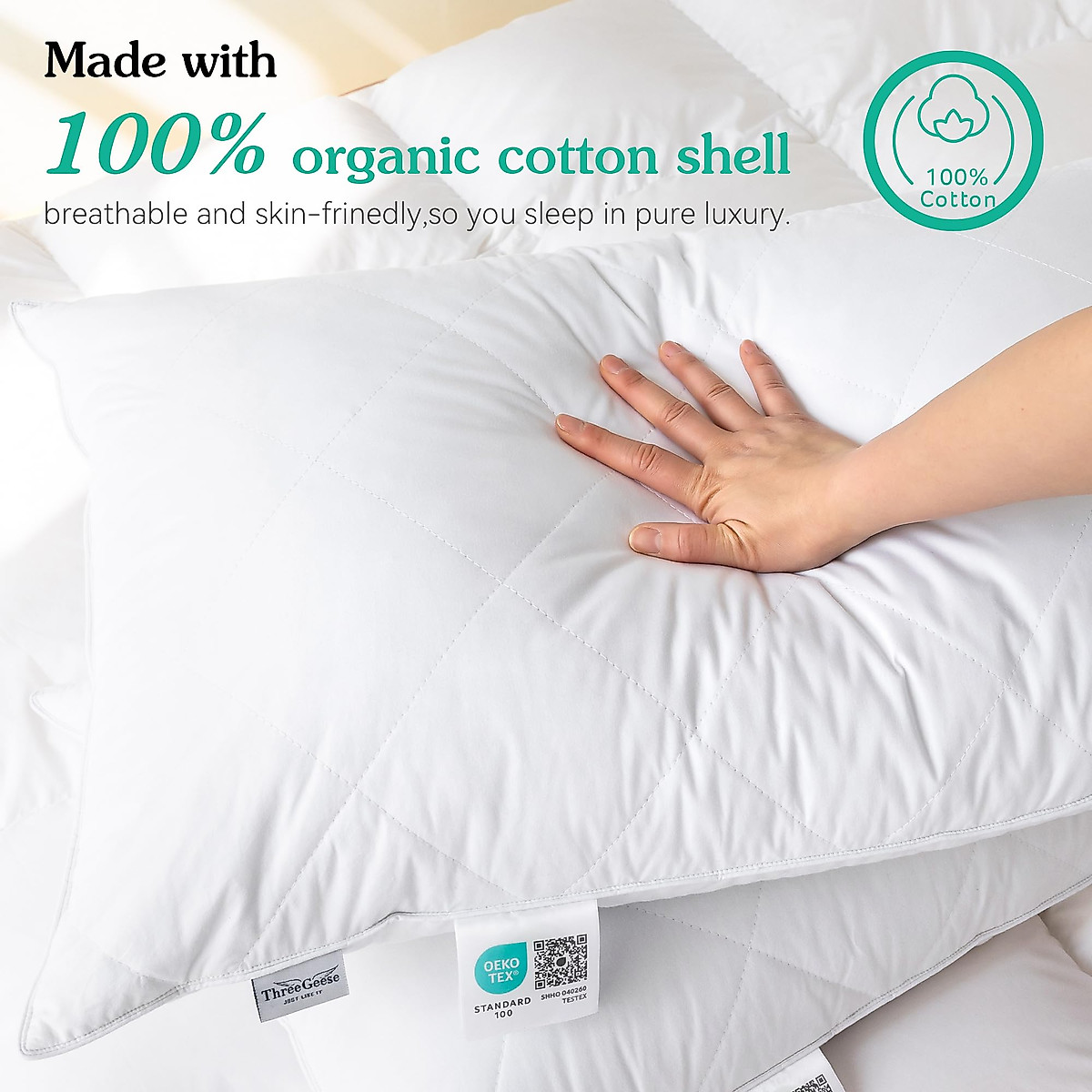Three Geese White Goose Feather and Polyester Bed Pillows Queen/Standard Size Set of 1- Soft 600 Thread Count 100% Cotton, Medium Firm,Soft Support, White Solid