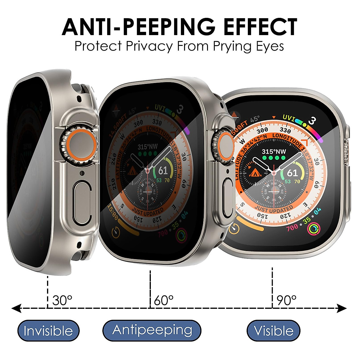 WINGLE 2 Pack for Apple Watch Ultra 2 49mm Privacy Screen Protector Case, [Anti-Peeping] 2 in 1 Waterproof 360 Protective Glass Face Cover Hard PC Bumper for iWatch Ultra 49 mm, Titanium