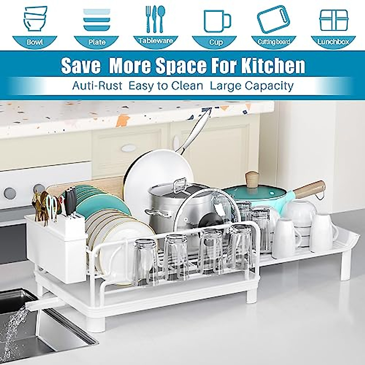 caktraie Dish Drying Rack - Expandable Dish Rack for Kitchen Counter, Rust-Proof Kitchen Dish Drying Rack with Utensil Holder, Cups Holder, White
