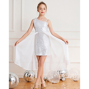 GRACE KARIN Girls Sequin Graduation Dress for Girls 10-12 Sliver Party One Sleeve Dresses