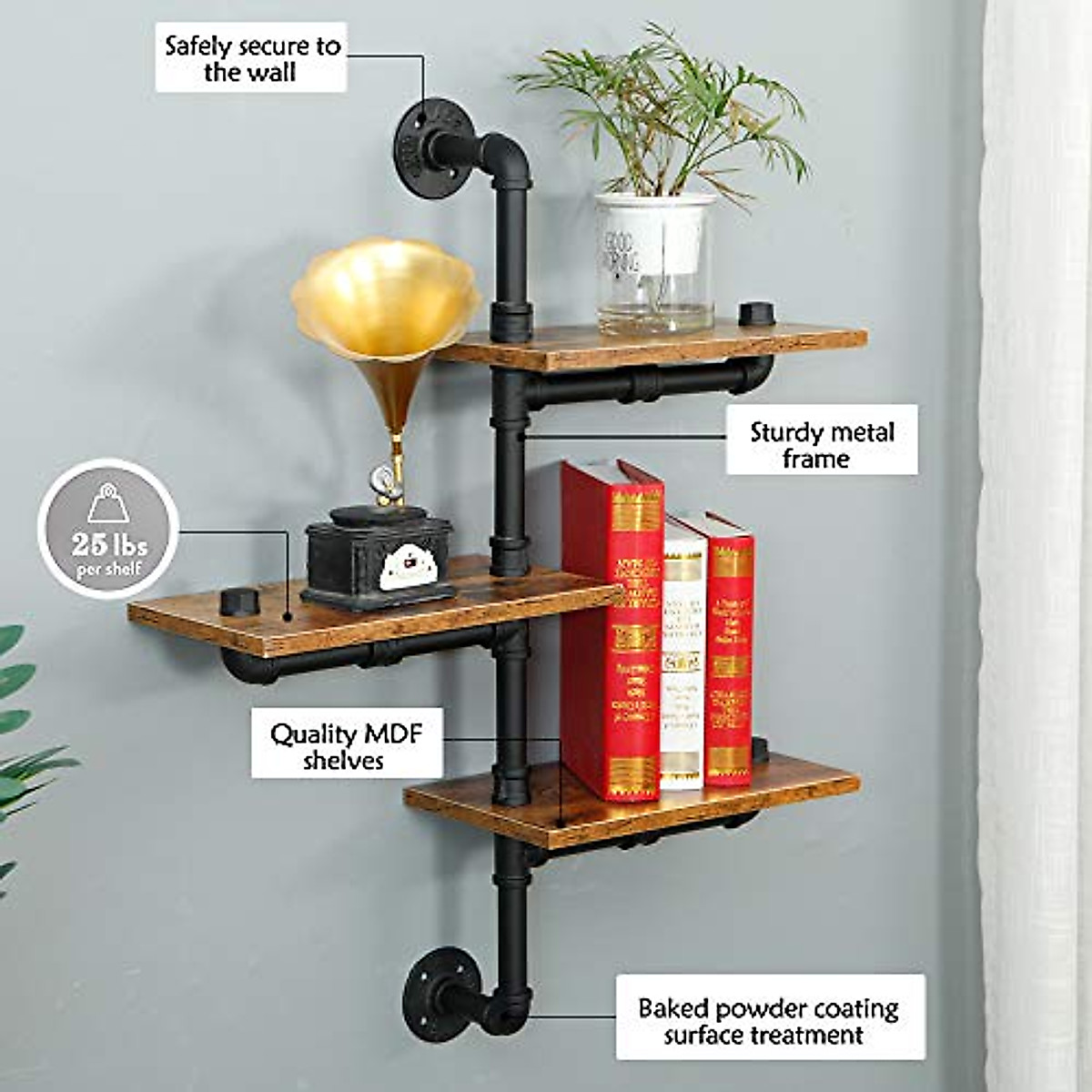 HEONITURE Industrial Pipe Shelving, Pipe Shelves with Wood Planks, Floating Shelves Wall Mounted, Retro Rustic Industrial Shelf for Bar Kitchen Living Room