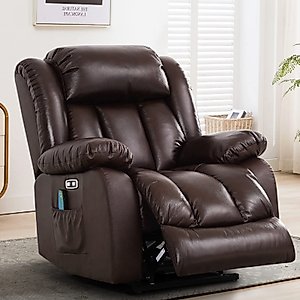 MAEVIS Large Lay Flat Sleeping Genuine Leather Power Lift Recliner Chairs for Elderly with Heat and Massage, with Dual OKIN Motor,Overstuffed Wide Recliners for Living Room,USB Ports (Brown)