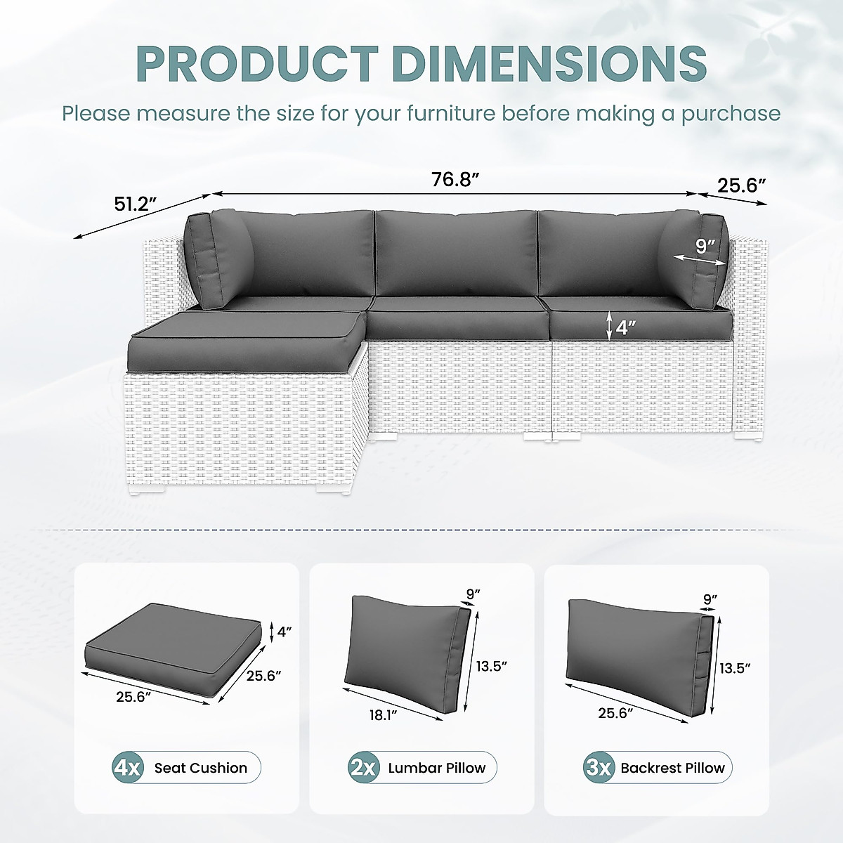 UDPATIO Outdoor Cushions for Patio Furniture with 5 Pillows, Waterproof Patio Furniture Cushions Replacement, 4" Deep Seat Outdoor Sectional Cushions for 4-seat Patio Furniture Chair Sofa Couch, Grey