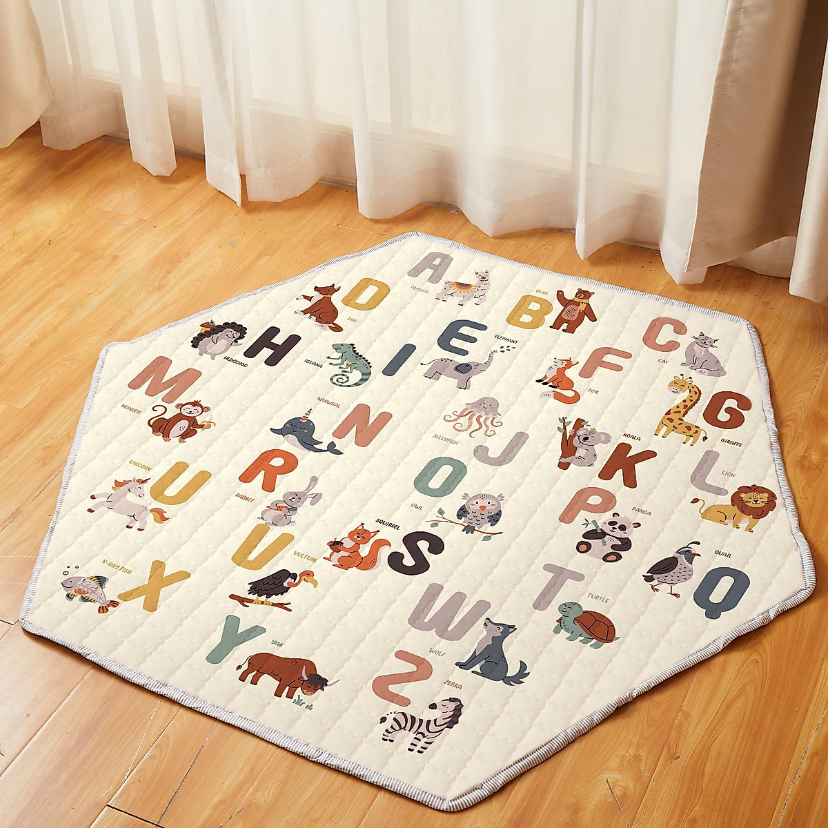 Funtery Woodland Animals Hexagon Playpen Mat Baby Play Mat Foldable Soft Nursery Rug Portable Baby Playmat Washable Comfortable Hexagon Playpen Mattress for Floor Activity Room Indoor Outdoor (Letter)