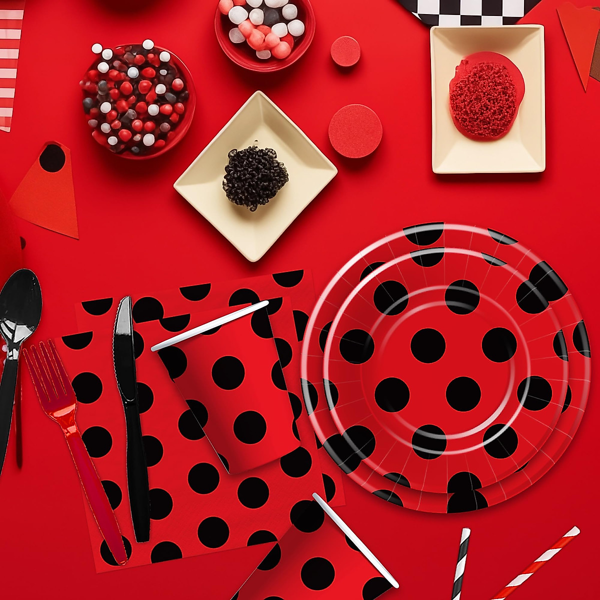 Xenorik Ladybug Birthday Party Decorations Tableware - Ladybug Party Supplies, Plate, Cup, Napkin, Tablecloth, Cutlery, Straw, Lady Bug Theme 1st 2nd 3rd Birthday Baby Shower Decorations | Serve 24