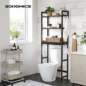 SONGMICS Over-The-Toilet Storage, 3-Tier Bathroom Organizer Over Toilet with Adjustable Shelves, Hooks, Bamboo, Freestanding Space Saver Bathroom Shelves, Rustic Brown and Ink Black UBTS012B01