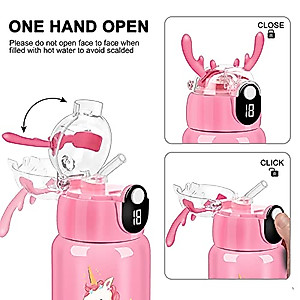 Temperature Display Kids Water Bottle，18 Oz，Straw Lid，Vacuum Insulated，316 Stainless Steel，Modern Double Walled Thermo Mug，Pink