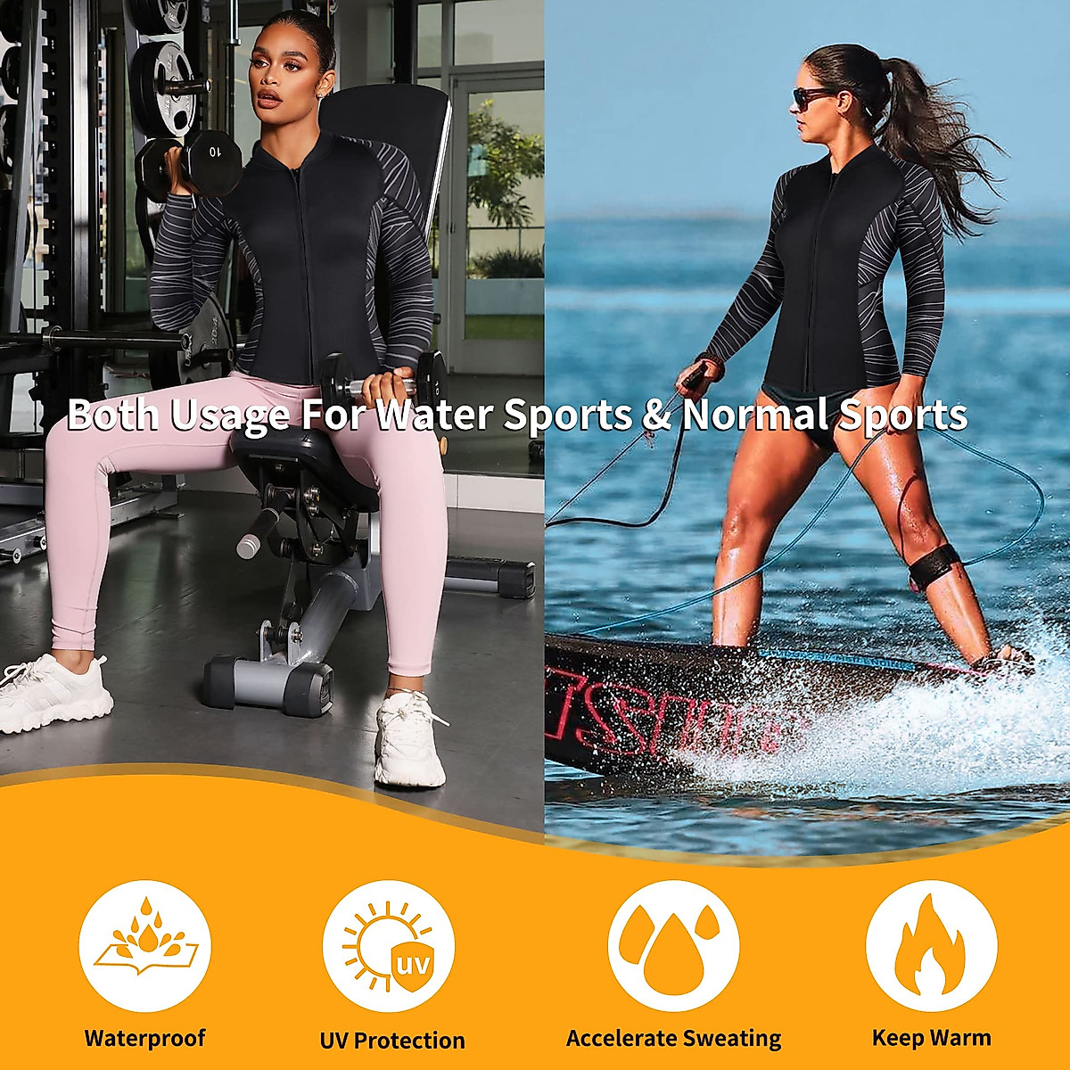 CtriLady Wetsuit Top Women Wetsuit Long Sleeve Jacket, Neoprene 1.5mm High-Necked Wetsuits with Front Zipper for Swimming Diving Surfing Boating Kayaking Snorkeling (Black 2, Large)