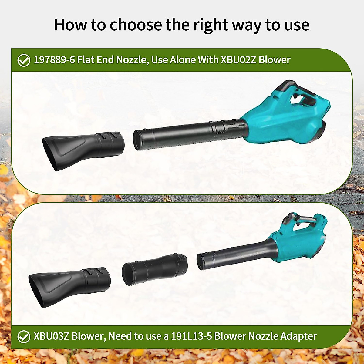 191L13-5 191B21-6 Blower Nozzle Adapter & 197889-6 Flat End Nozzle Attachment Kit for Makita X2 36V Hand held Blower, for XBU02Z XBU03 DUB362 Blower Narrow end profile, increasing air velocity