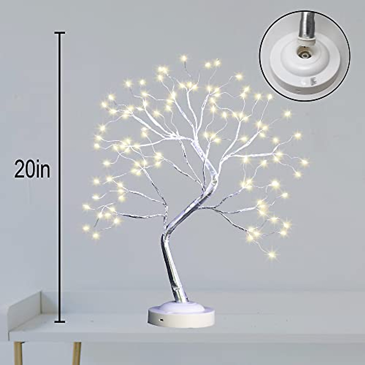 Bonsai Tree Light Silver Matte 20 Inches Artificial Tabletop Fairy Light Tree Lamp,Eight Lighting Modes,USB or Battery Operated with Timer,Decor of Bedroom,Living Room,Christmas (Warm White)