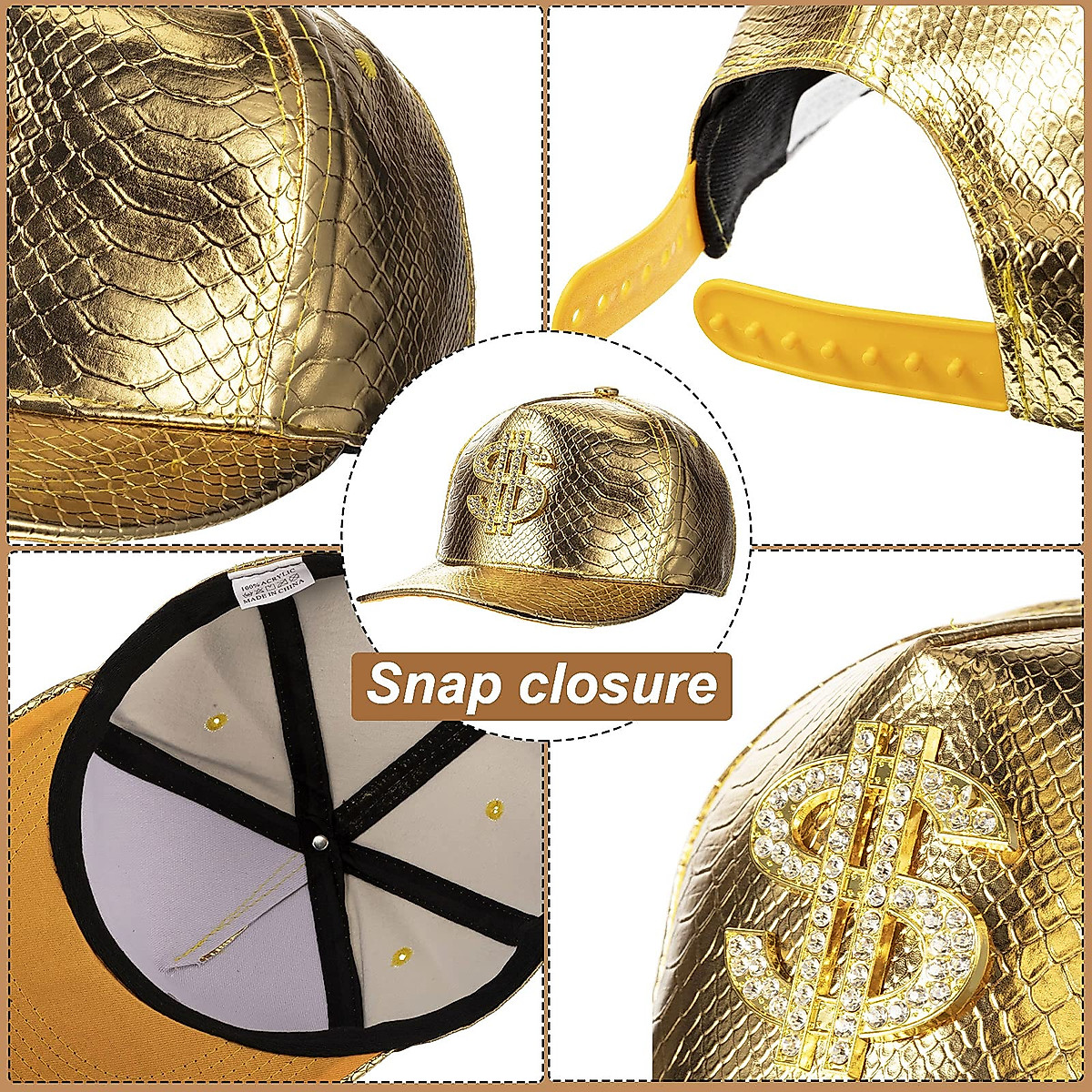 Zhanmai 6pcs 80s 90s Hip Hop Costume Outfit for Men Money Hat Rapper Accessories Fake Gold Dollar Chain Necklace Ring(Gold, Black, White)