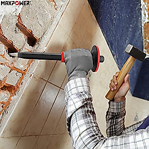 MAXPOWER 3PCS Masonry Chisel Set, 11 inch Point Chisel and Flat Chisel, 8 inch Brick Chisel, Tile Chisel Concrete Chisel with Thickness Hand Guard