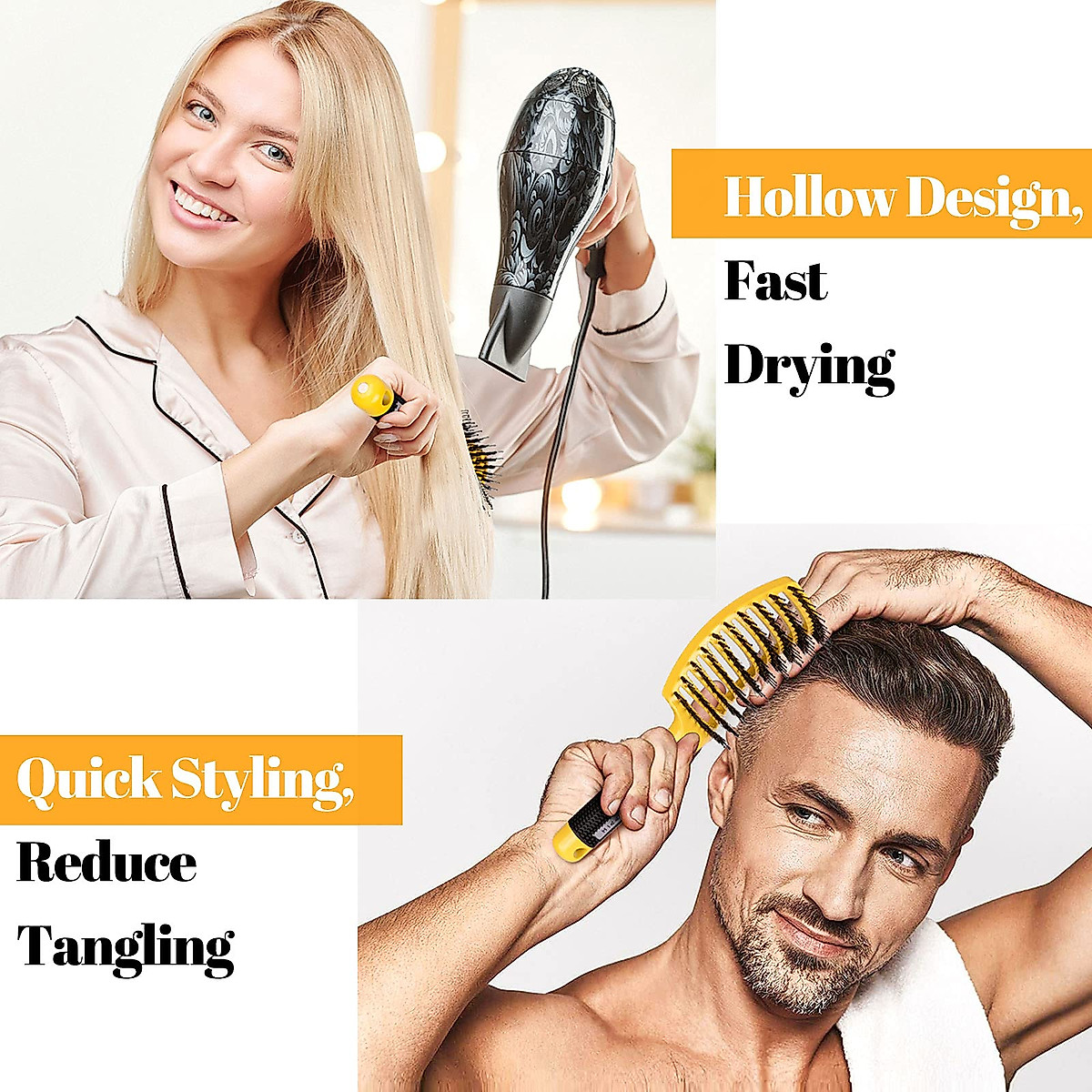 Detangling Brush 2 Pack, HIPPIH Boar Bristle Hair Brush for Women, Men & Kids' Wet or Dry Long Curly Thick Hair - Adds Shine and Smoothness Yellow
