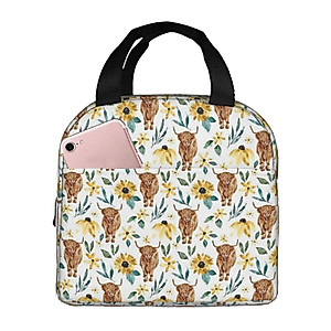 bzaxxqi Highland Cow And Sunflowers Wildflowers Lunch Bags For Women Men,Cow Lunch Box Reusable Tote Bag With Pocket Lunch Handbag For Work Picnic Travel