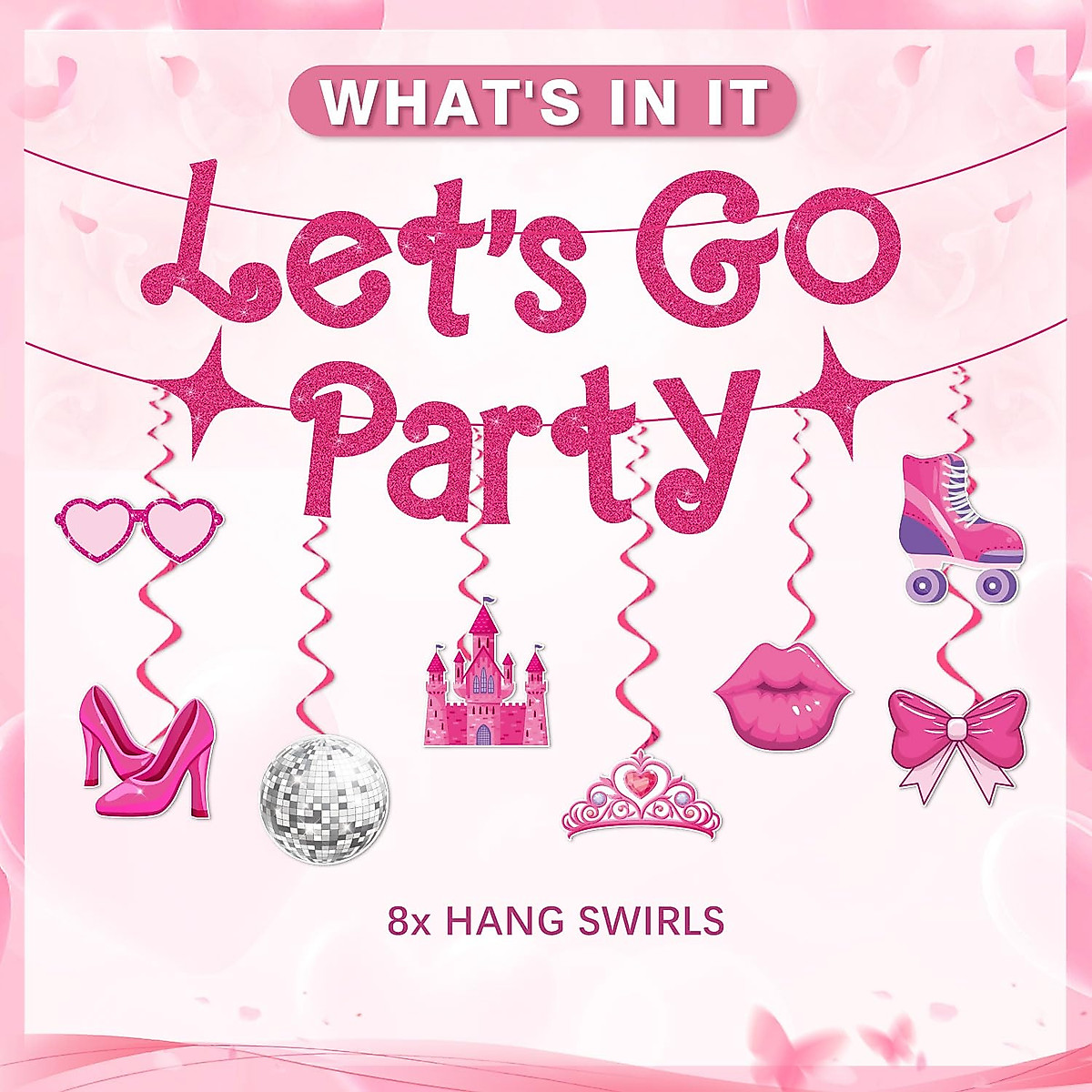 Pink Princess Birthday Hanging Decorations, with 1pcs No Diy Lets Go Party Banner And 8pcs Pink Princess Hanging Swirls, Pink Disco Party Decorations, Pink Bachelorette Party Decorations