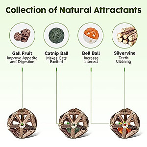 Potaroma Catnip Toys, 3Pcs Cat Toys Natural Silvervine Stick Cage Balls & Bell Ball for Indoor Cats, Kitten Cleaning Teeth Molar Tools Matatabi Cat Chew Toy