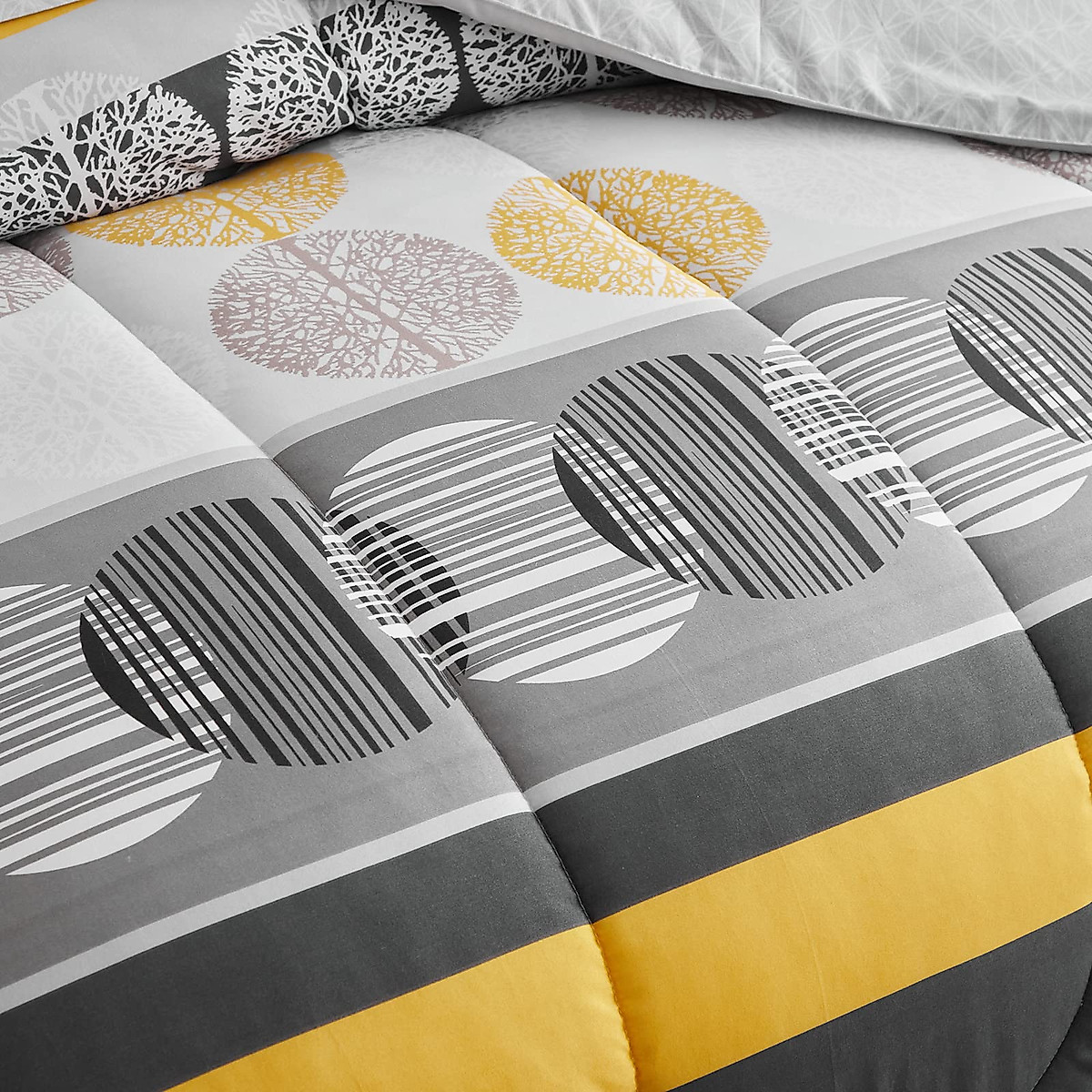 Stripes Bed in a Bag Queen Size 7 Pieces Black Gray Yellow Comforter Sheet Set with Circles All Season Bed Comforter Set (1 Comforter 2 Pillow Shams 1 Flat Sheet 1 Fitted Sheet 2 Pillowcases)
