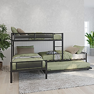 L-Shape Triple Bunk Bed with Trundle, Metal 3 Bed Bunk Beds with for Kids, Twin Size Corner Bunk Bed Frame with Wood Slats Support for 4 Teens, Textilene Guardrails, Black