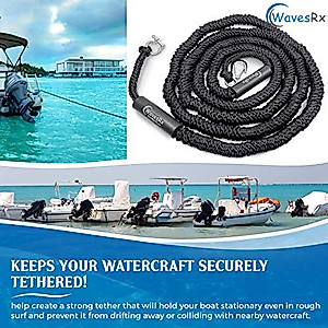 WavesRx 14'-50' AnchorMate Bungee Line | Safer Anchoring for Boats & Pontoons | Elastic Rope Extends to Absorb Wake Tugs and Keep Anchor from Dislocating | Includes Bag, Stainless Steel Hook & D Ring