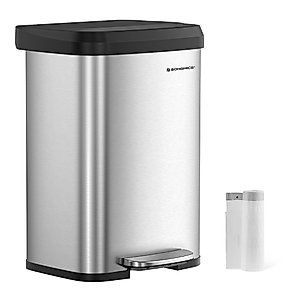 SONGMICS Kitchen Trash Can, 13-Gallon Stainless Steel Garbage Can, with Stay-Open Lid and Step-on Pedal, Soft Closure, Tall, Large and Space-Saving, Silver and Black ULTB530E50