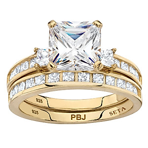 PalmBeach Yellow Gold-Plated or Platinum-Plated Sterling Silver Princess Cut Cubic Zirconia Bridal Ring Set Size 8