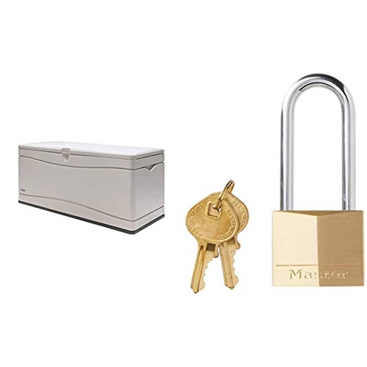 Lifetime 60040 Deck Box, 130 Gallon, Desert Sand & Master Lock 140DLH Padlock, 1 Pack, Bronze/Silver