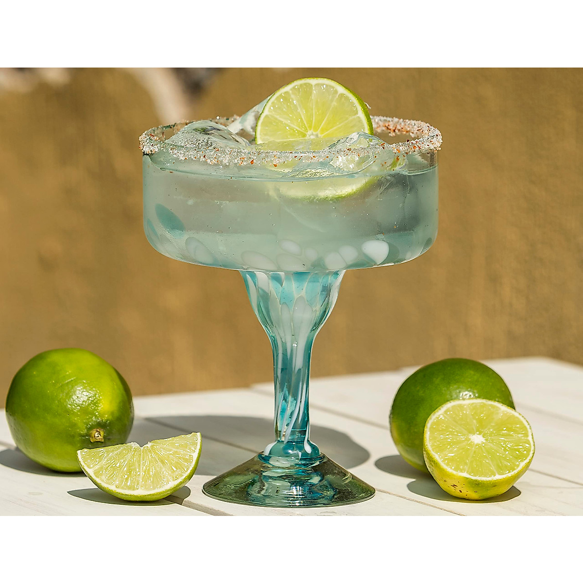 16 oz Hand Blown Mexican Margarita Glasses Set of 2 - Ocean Blue Confetti