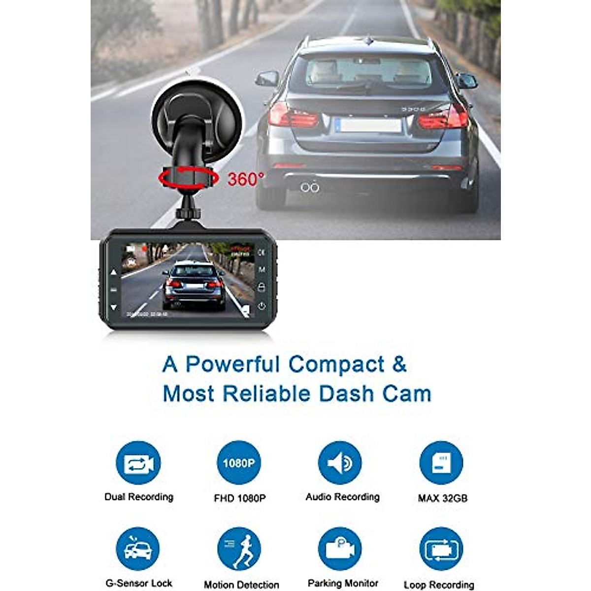 Dash Cam Front and Rear CHORTAU Dual Dash Cam 3 inch Dashboard Camera Full HD 170° Wide Angle Backup Camera with Night Vision WDR G-Sensor Parking Monitor Loop Recording Motion Detection