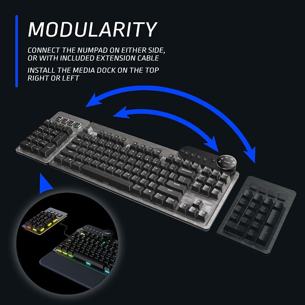 Mountain Everest Max Mechanical Gaming Keyboard - USB Passthrough - Cherry MX Hot-Swappable Switches - RGB Backlit (Midnight Black, Blue - Tactile & Clicky)