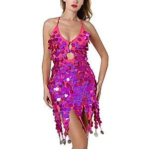 FEOYA Women's 1920s Sequins Dress Sexy Backless Dance Party Dresses Tie Closure Ballroom Practice Dancewear, Rose Red