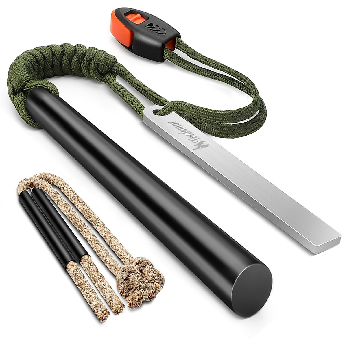 Ferro Rod Fire Starter Kit with 5 Inch Flint and Steel, Two 12 Inch Wax-Impregnated Tinders, 50 Inch 7-Core Paracord for Camping, Hiking, Boy Scouts, and Emergency Preparedness