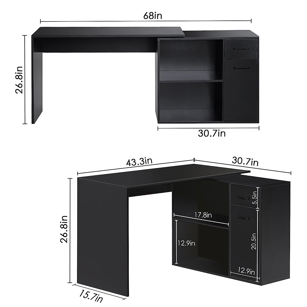 VANSPACE L-Shaped Rotating Computer Desk with Storage Shelves 68 inch Home Office Desk Corner with Drawers and File Cabinet Multipurpose Study Writing Table for Bedroom Small Space Black