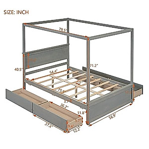 WADRI Modern Full Size Canopy Platform Bed with 4 Drawers, Wood Canopy Platform Bed with Support Slat, 4-Post Canopy Platform Bed Frame for Kids Teens Adult, No Box Spring Needed (Brushed Gray-3)