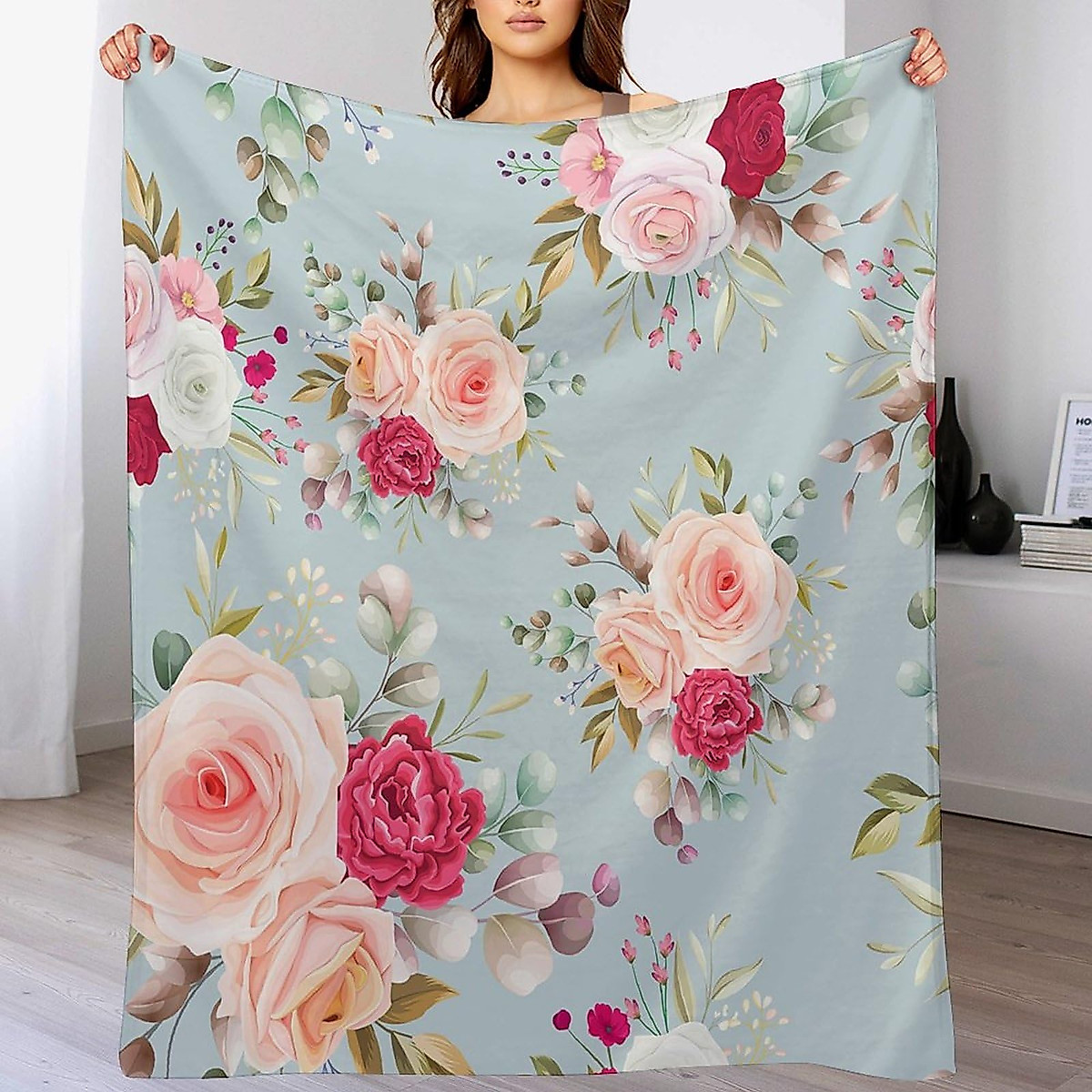 Floral Twig Theme Blanket, Bird On A Twig, Blue Background Theme Flannel Soft Blanket, Women Women Sofa Warm Blanket 60"x80"