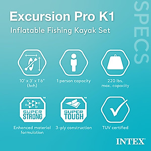 INTEX 68303EP Excursion Pro K1 Inflatable Kayak Set: Includes Deluxe 86in Kayak Paddles and High-Output Pump – SuperTough PVC – Adjustable Bucket Seat – 1-Person – 220lb Weight Capacity