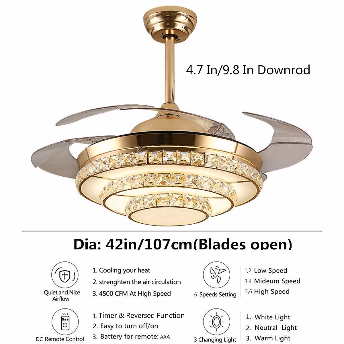 Lighting Groups 42 Inch Invisible Ceiling Fan with 3-Color Changing Light Remote Control Retractable Blades Fandelier for Living Room Dining Room Reversible Ceiling Fan with Indoor Lights (Gold D)