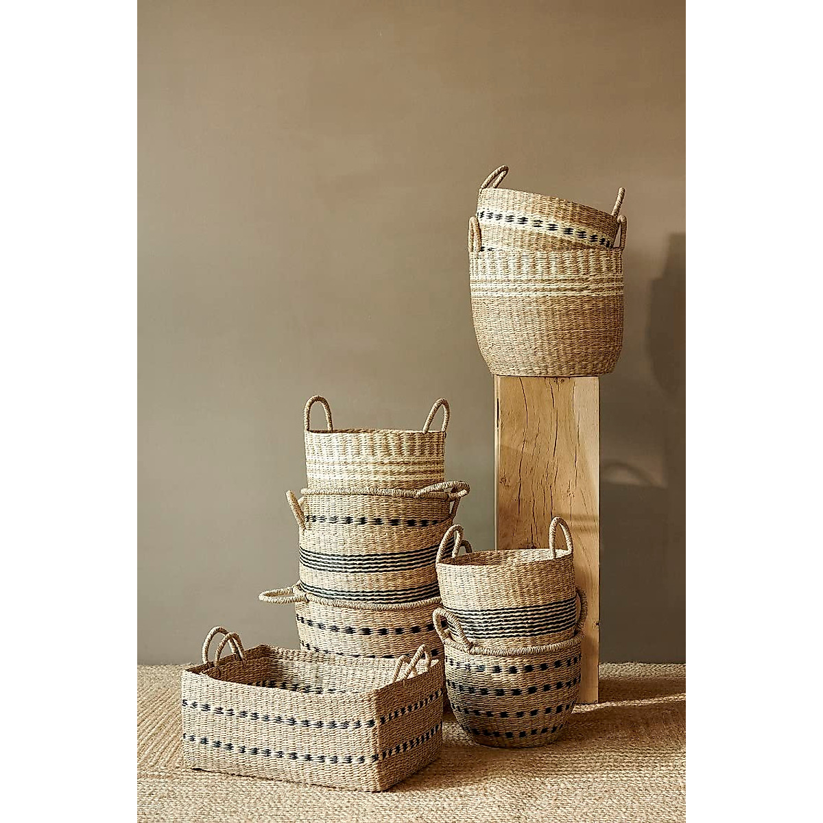 Room Copenhagen Vita 3-Piece Round Basket Set, Natural/Cream/Black