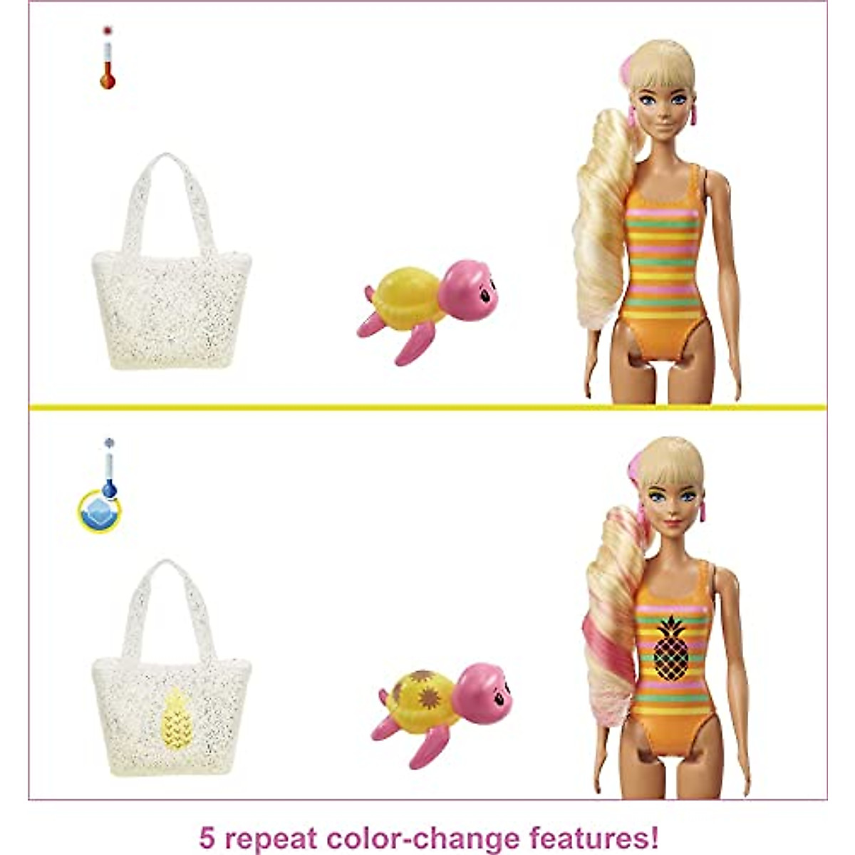 Barbie Color Reveal Foam! Doll & Pet Friend with 25 Surprises: Scented Bubble Solution, Outfits, Hair Extension, Kid Bracelet & Charm Hidden in Sand; Sunny Pineapple-Theme; for Kids 3 Years & Up