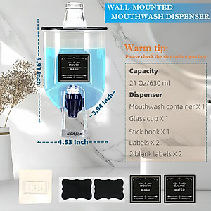 Suaetiai Mouthwash Dispenser For Bathroom, Wall Mounted Mouthwash Dispenser, 21oz Plastic Mouth Wash Container With Adhesive Hook And 2 Reusable Glass Cups/4 Pcs Label - 1 Pack