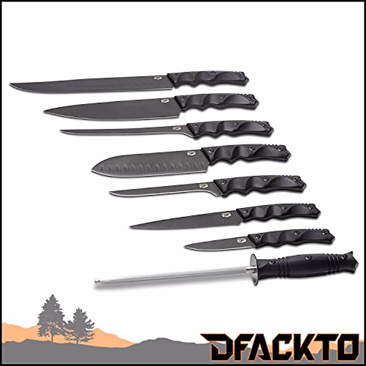 DFACKTO - Premium Rugged Chefs Knife Basecamp Set with Sheaths and Case for Kitchen and Camping, Stonewashed High Carbon Stainless Steel Knives in Tactical Travel Kit, G10, Black Cooking BBQ Utensils