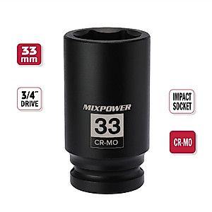 MIXPOWER 6-Point 3/4-Inch Drive Deep Impact Socket- 33mm (Metric), CR-MO, 3/4-inch Drive 6 Point Axle Nut Socket for Easy Removal of Axle Shaft Nuts (33mm)